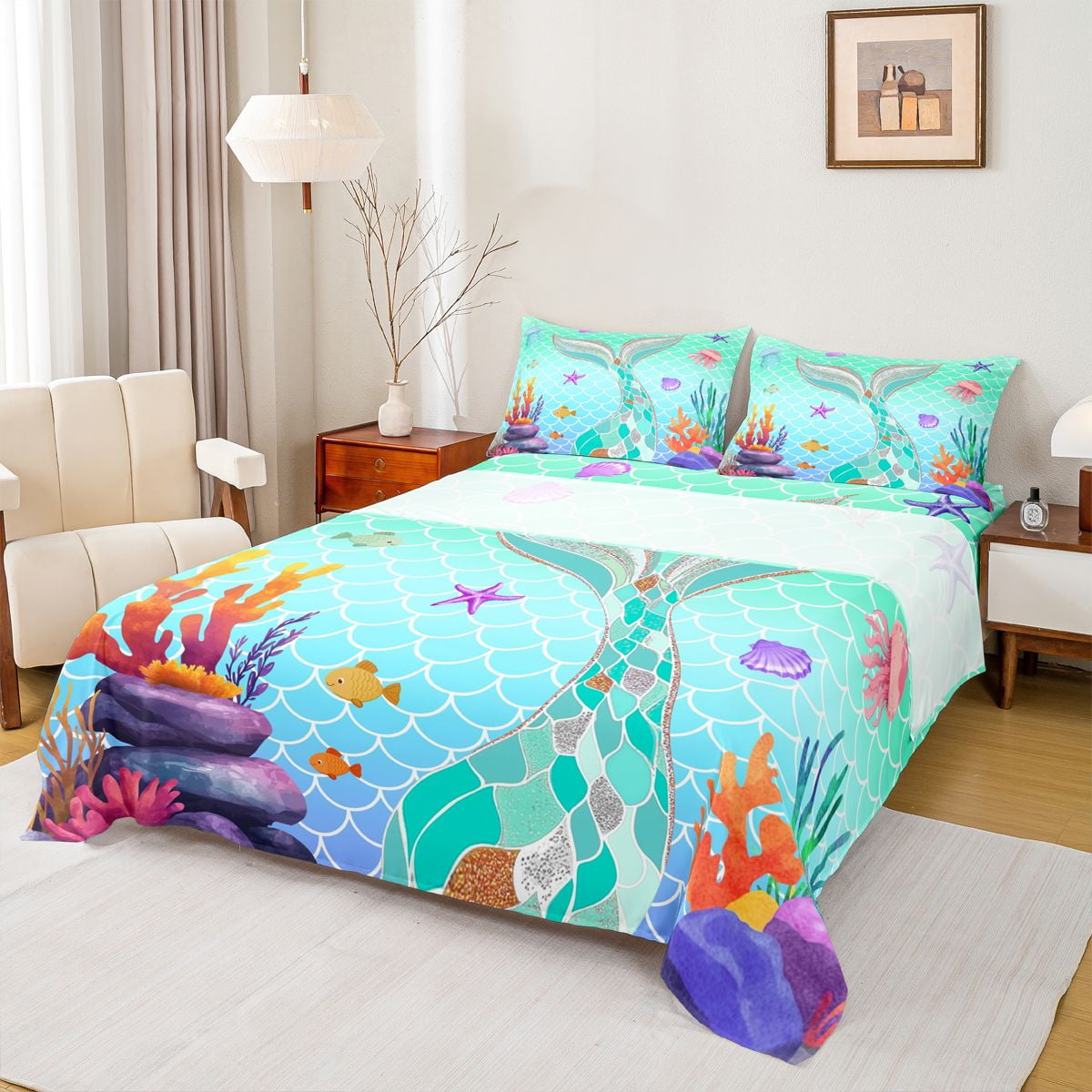Feelyou Green Mermaid Scale Twin Sheet Sets, Sea Starfish Coral Bedding ...