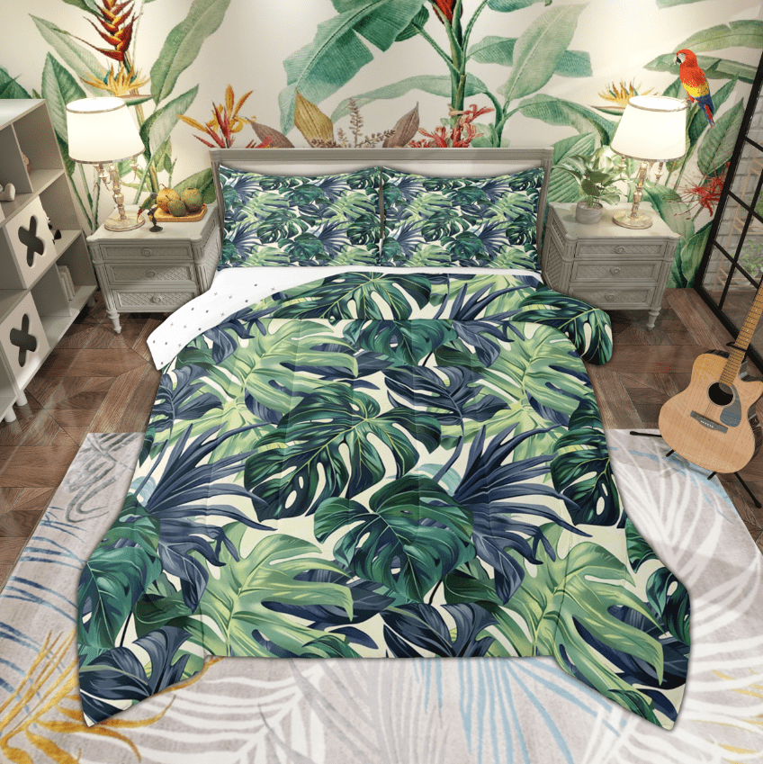 Feelyou Green Palm Tree Leaf King Size Comforter Sets, Tropical Plant Bedding Comforter Set ...