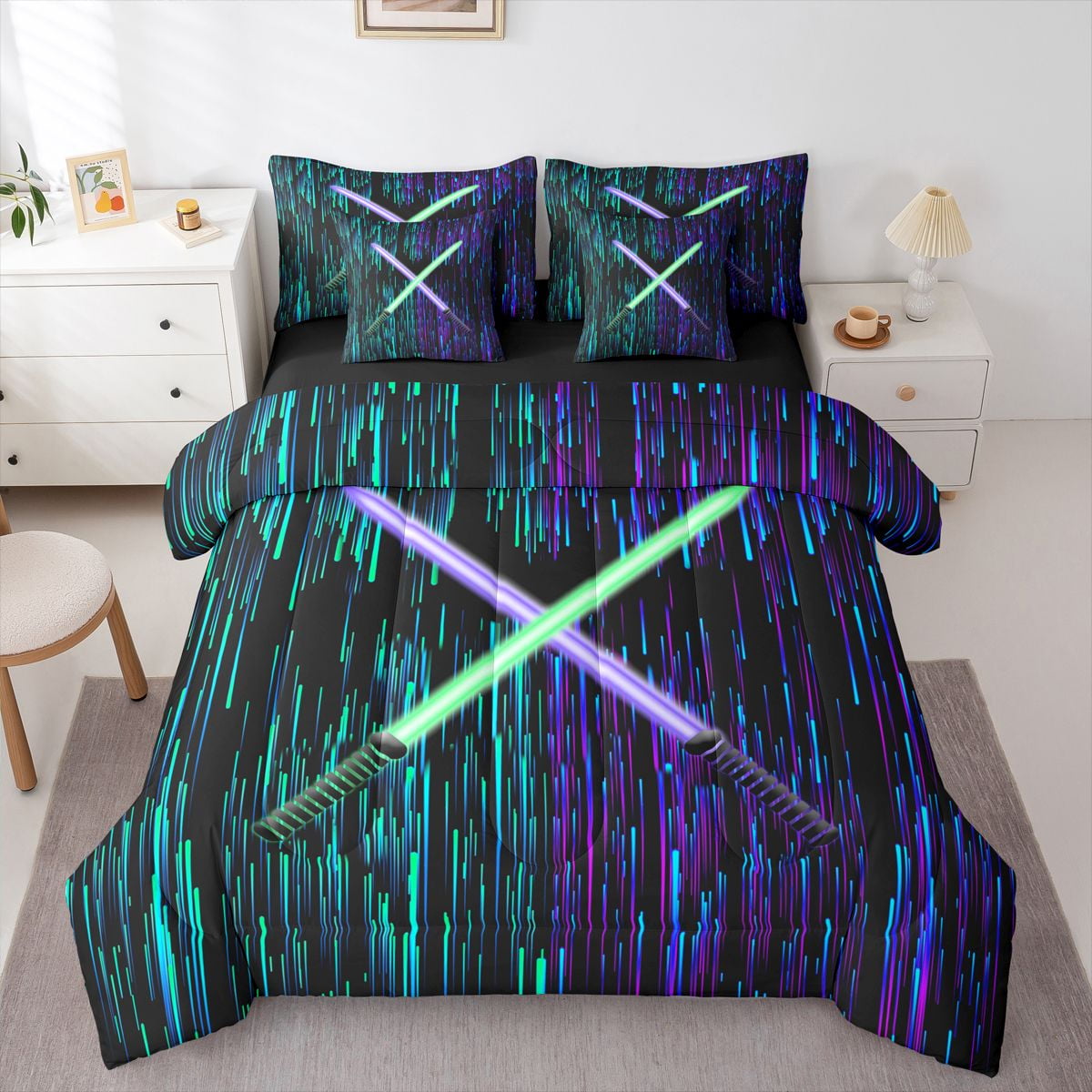 Feelyou Green Purple Lightning Comforter Set 7pcs, Neon Stripes Lines ...