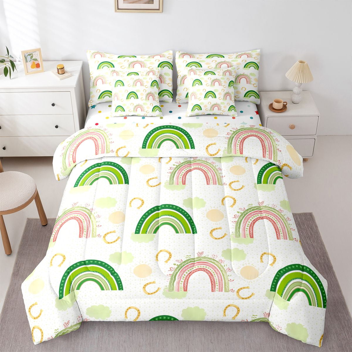 Feelyou Green Rainbow Kid Bedding Comforter Set 7pcs, Cartoon Sky Cloud ...