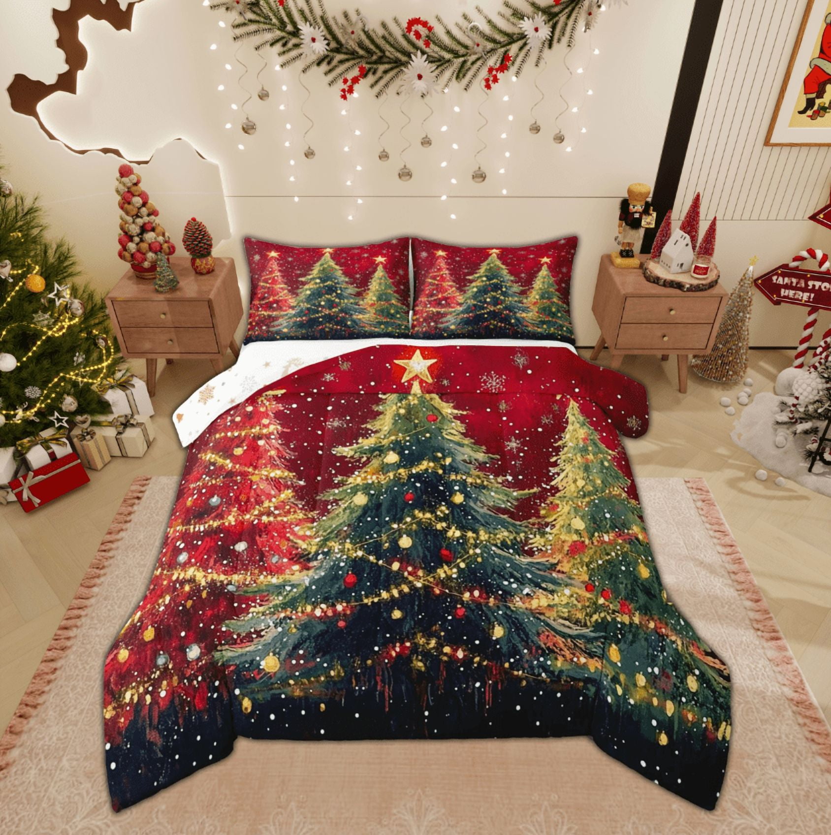 Feelyou Green Red Tree Queen Comforter Set, Bling Gold Stars Bedding ...