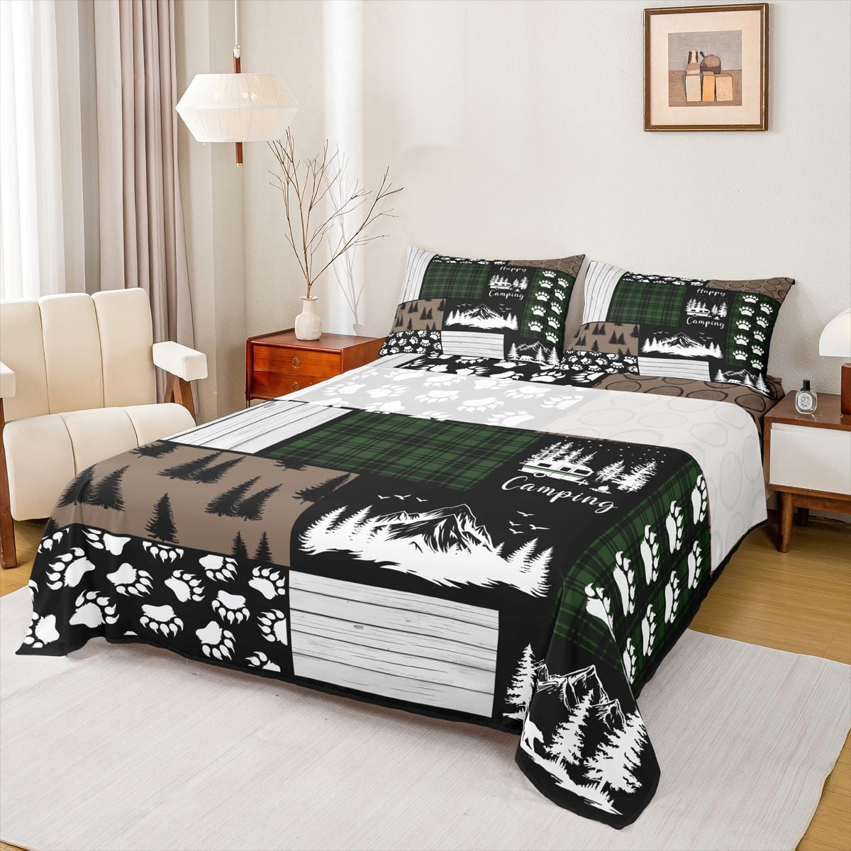 Feelyou Green Retro Buffalo Twin Sheet Sets, Jungle Pine Tree Bedding ...