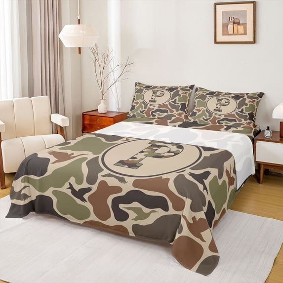Feelyou Green Rustic Camo Letter P King Sheets for Men Boys, Wildlife ...