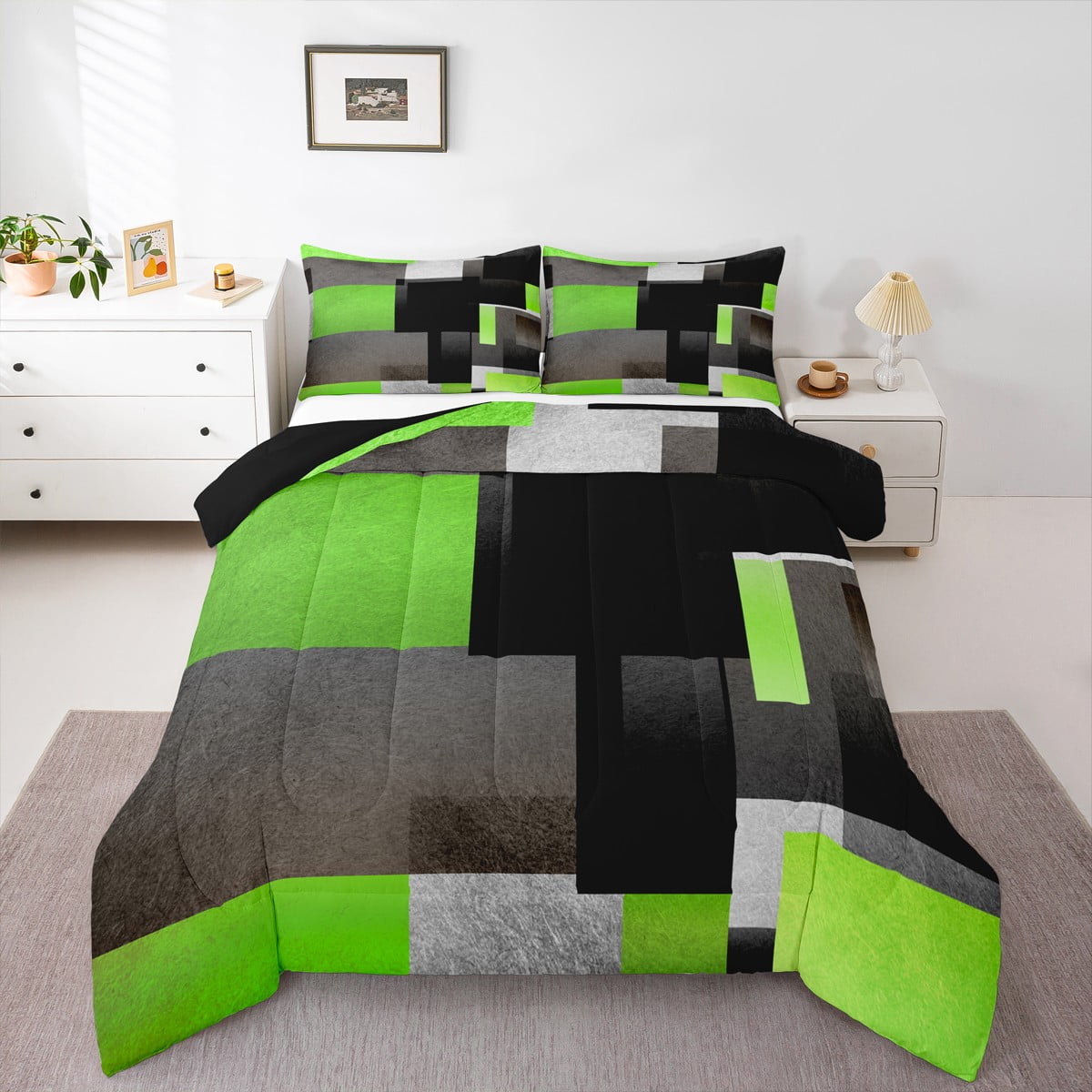 Feelyou Green Square Geometric Bedding Comforter Set, Vintage Artwork ...