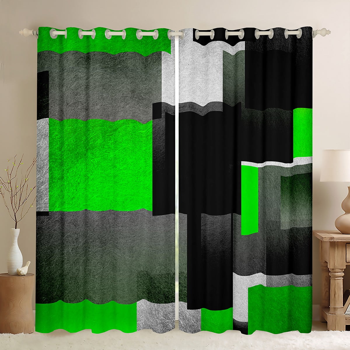 Feelyou Green Square Geometry Curtains Pack of 2 (42x84 Each), Vintage ...