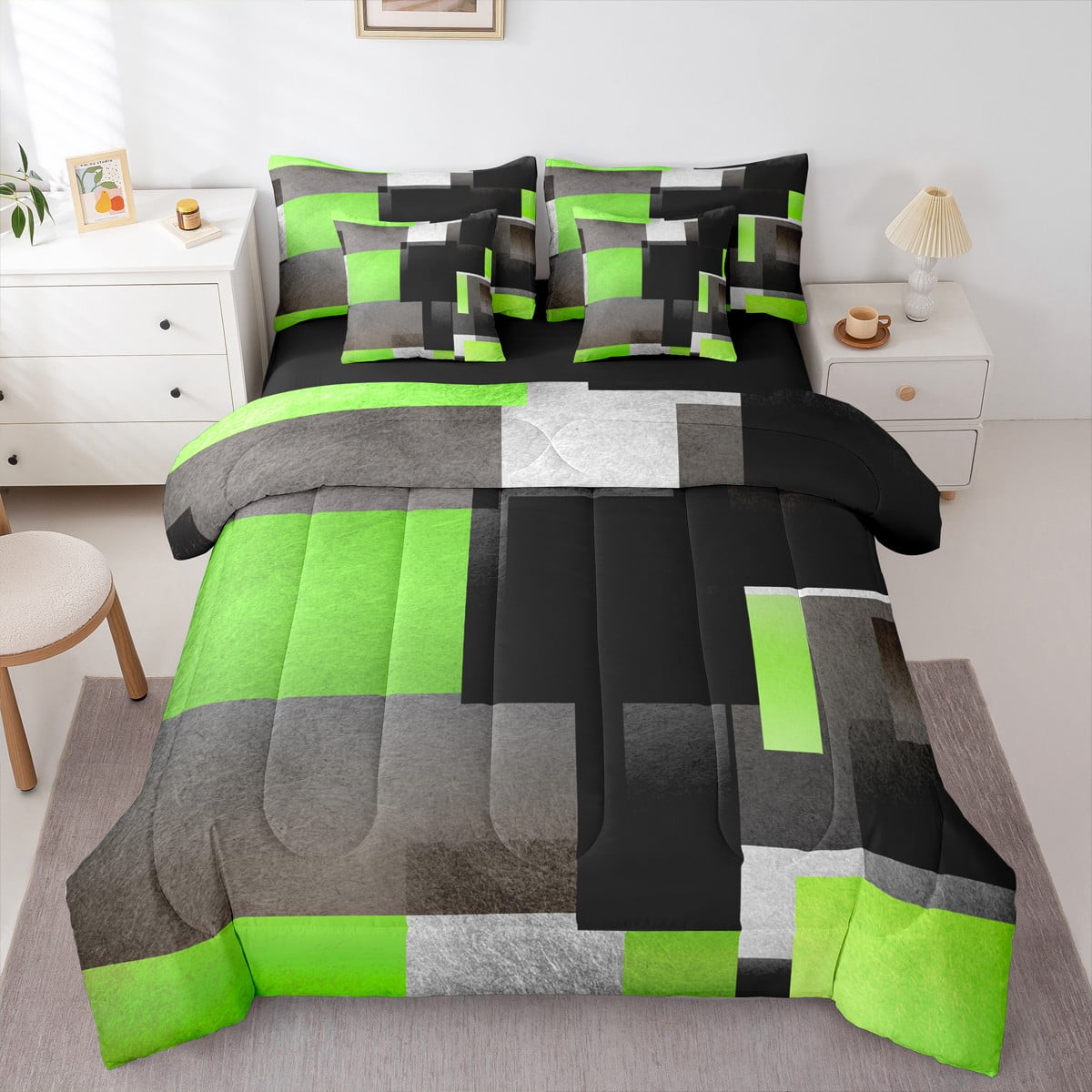 Feelyou Green Square Geometry Twin Bedding Sets 7-Piece, Vintage ...