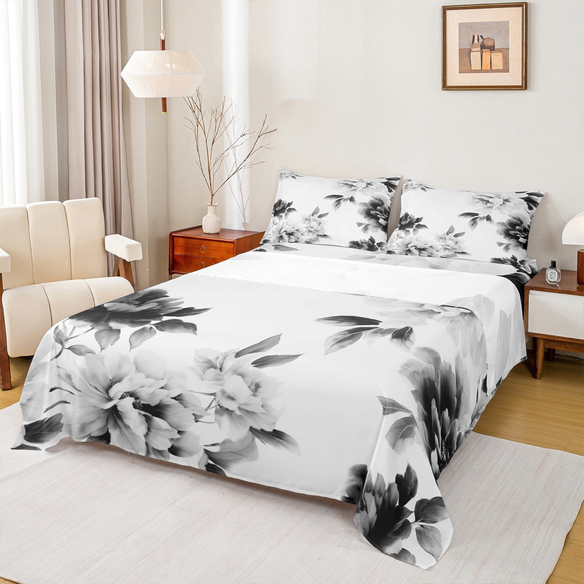 Feelyou Grey Fashion Flower Full Size Sheets, Watercolor Floral Bed ...