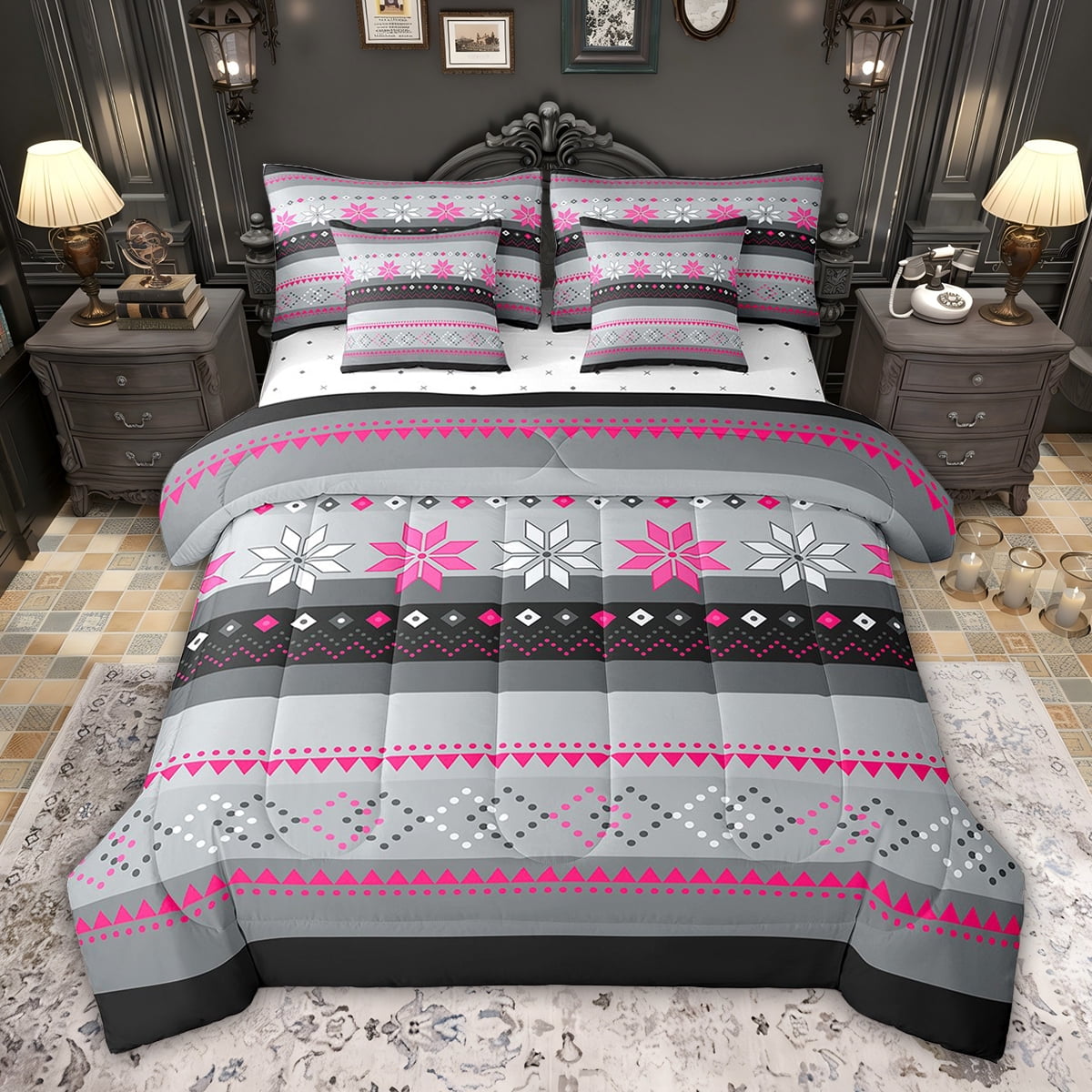 Feelyou Grey Pink Aztec Bedding Comforter Set 7pcs, Boho Rustic ...