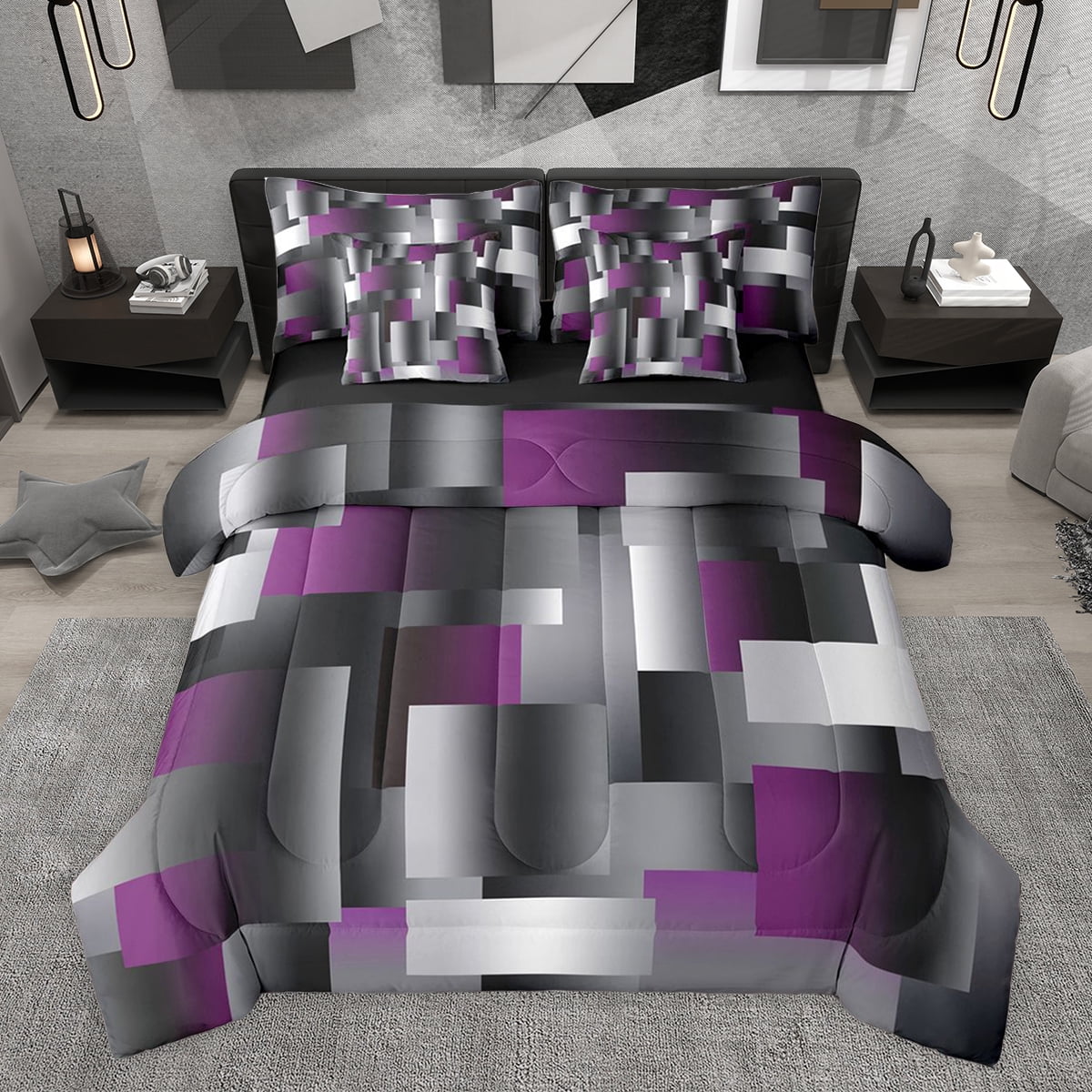 Feelyou Grey Purple Square Bedding Comforter Set 7 Pieces, Retro ...