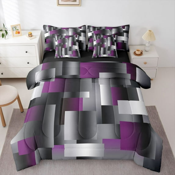 Feelyou Grey Purple Square Bedding Comforter Set 7pcs, Retro Abstract ...