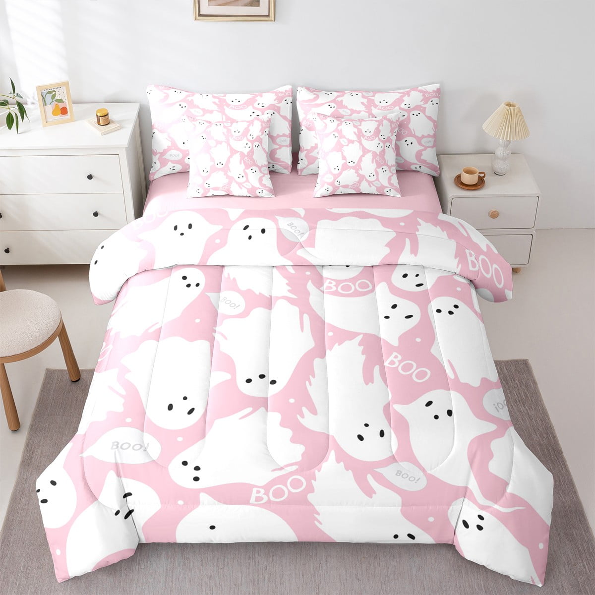 Feelyou Halloween Boo Ghost Bedding Comforter Set 7 Pieces, Pink White ...