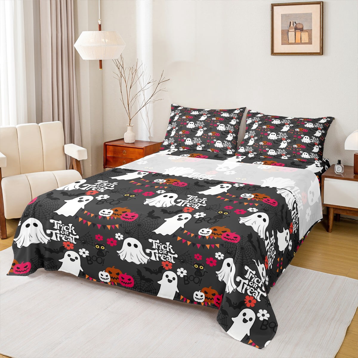 Feelyou Halloween Ghost Queen Sheet Sets for Kids, Kawaii Black Cat ...