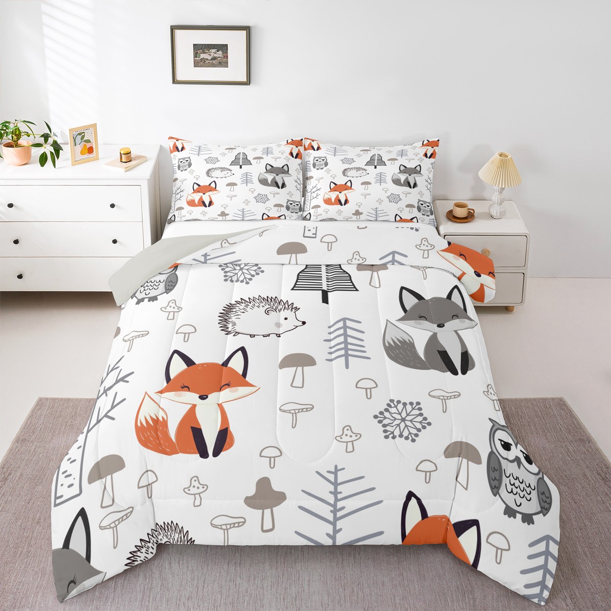 Feelyou Hedgehog Fox Animal Full Size Comforter Sets, Farmhouse Plant ...