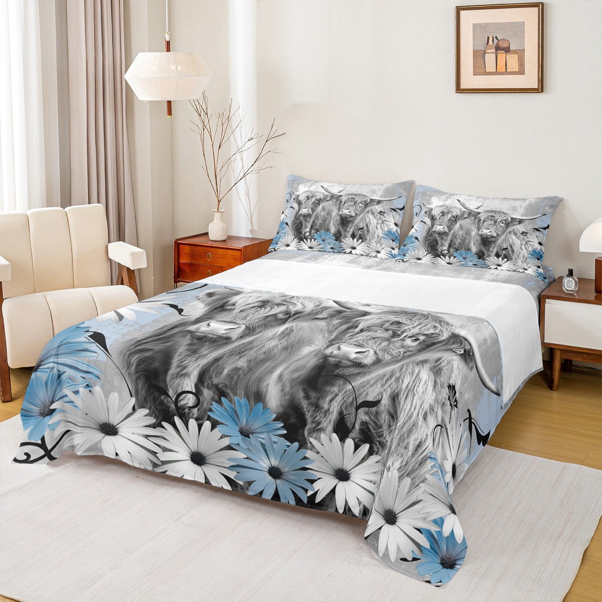 Feelyou Highland Cow Full Size Sheets, Chic Daisy Flower Bed Sheets ...