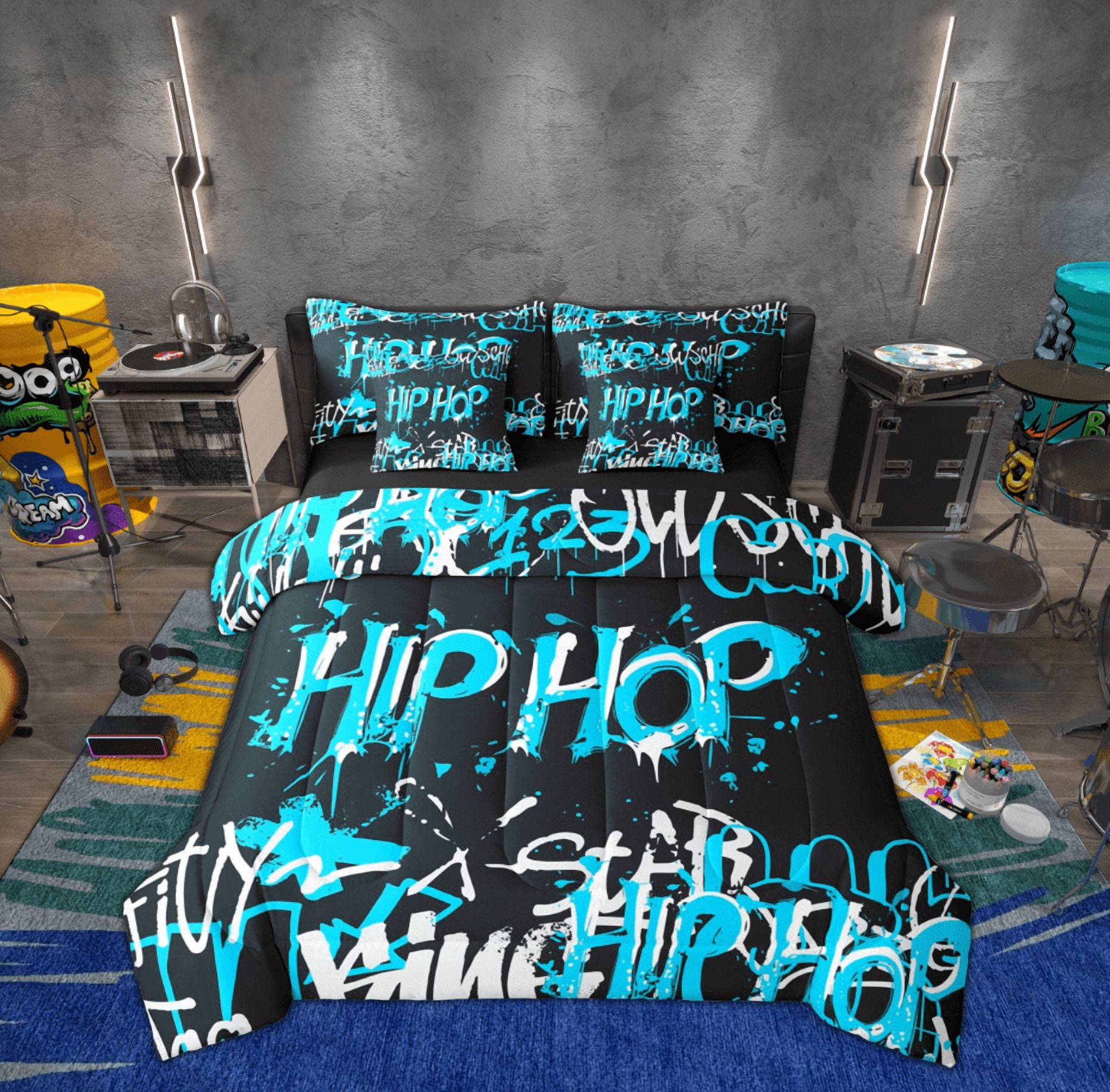 Feelyou Hip Hop Music Bedding Comforter Set 7pcs for Child, Black Blue ...