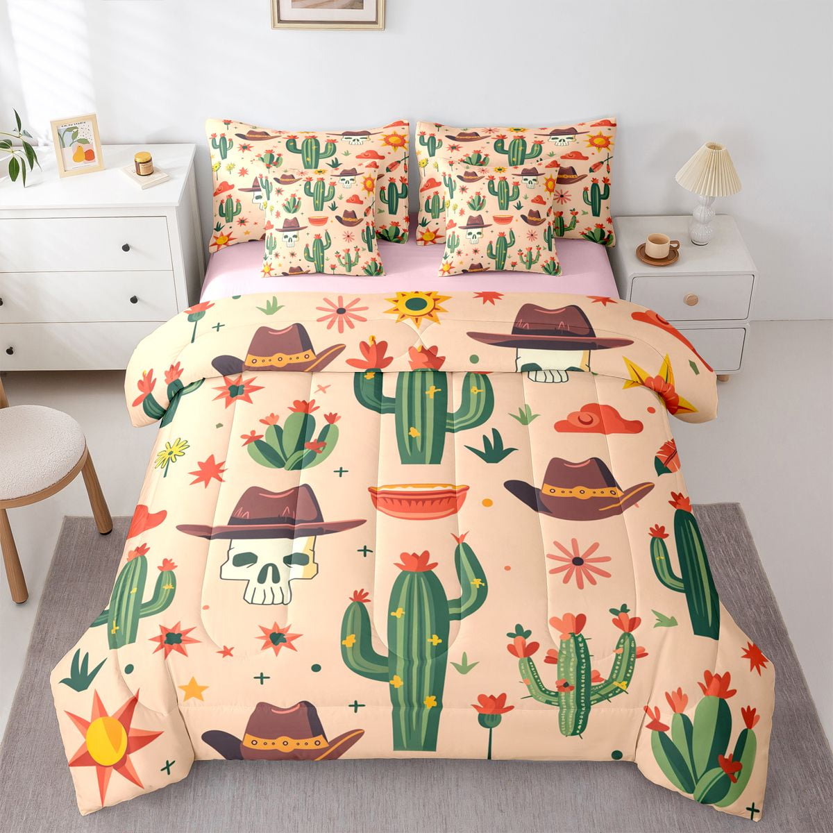 Feelyou Hippie Cactus Plant Comforter Set 7pcs, Western Skeleton Queen ...