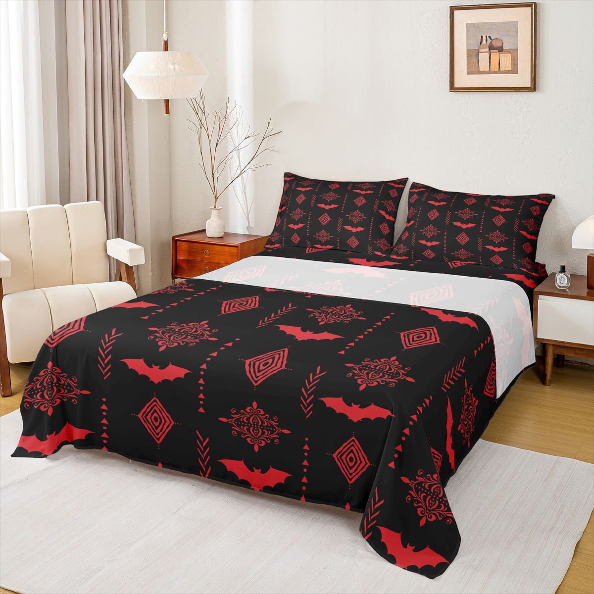 Feelyou Hippie Gothic Bat Bed Sheets, Bohemian Damask Flower King ...