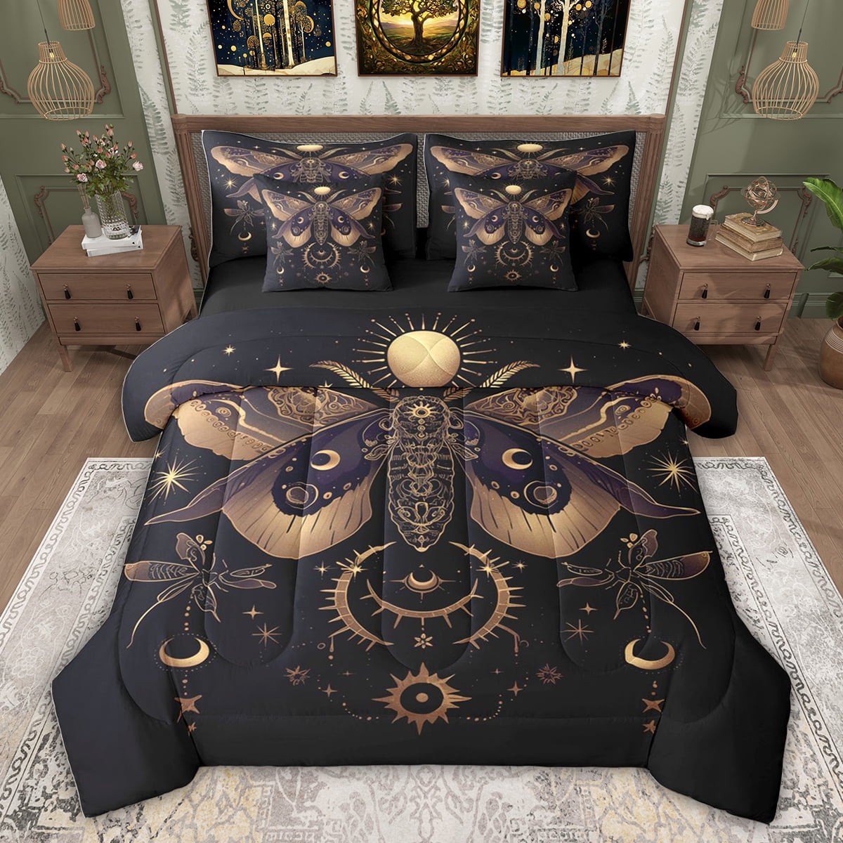 Feelyou Hippie Magic Moth Twin Bedding Sets 7-Piece, Rustic Mystic Moon ...