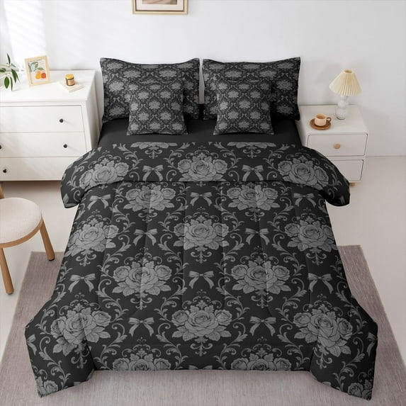 Feelyou Hippie Rose Floral Comforter Set 7pcs, Western Black Damask ...