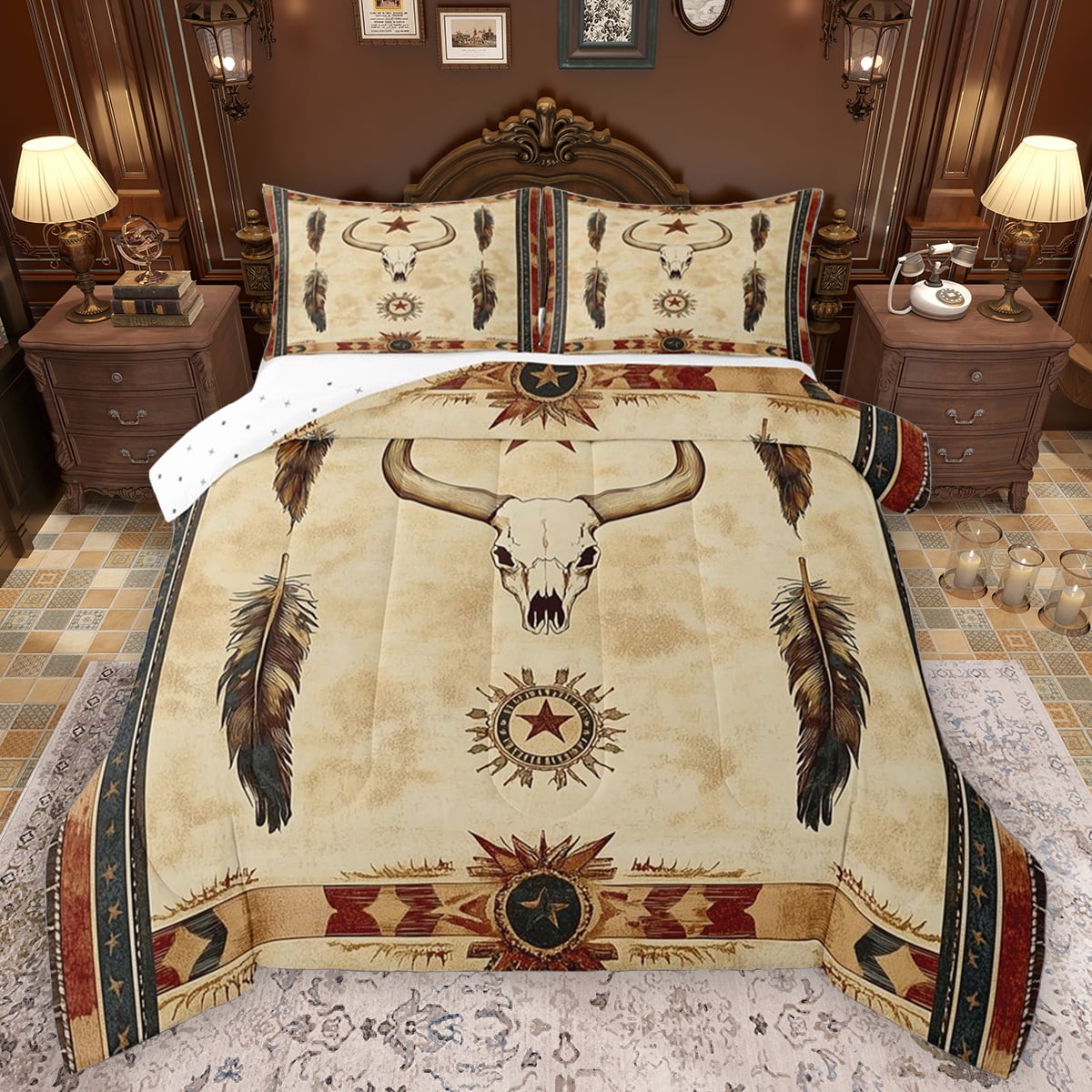 Feelyou Hippie Sheep Skull Queen Comforter Set for Men, Vintage Western ...