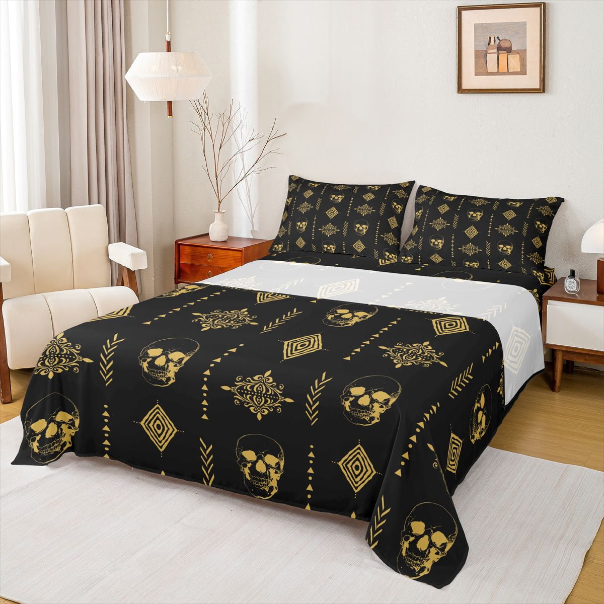 Feelyou Hippie Skull Damask Full Size Sheets, Vintage Boho Aztec Bed ...