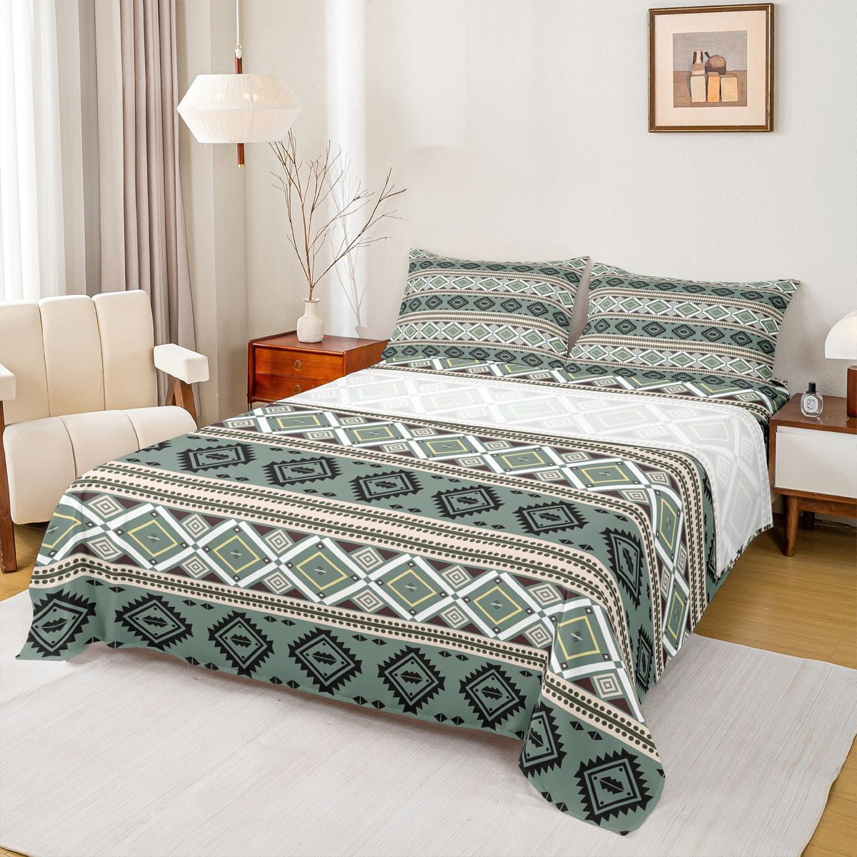 Feelyou Hippie Tribal Aztec Full Size Sheets, Green Retro Abstract Bed ...