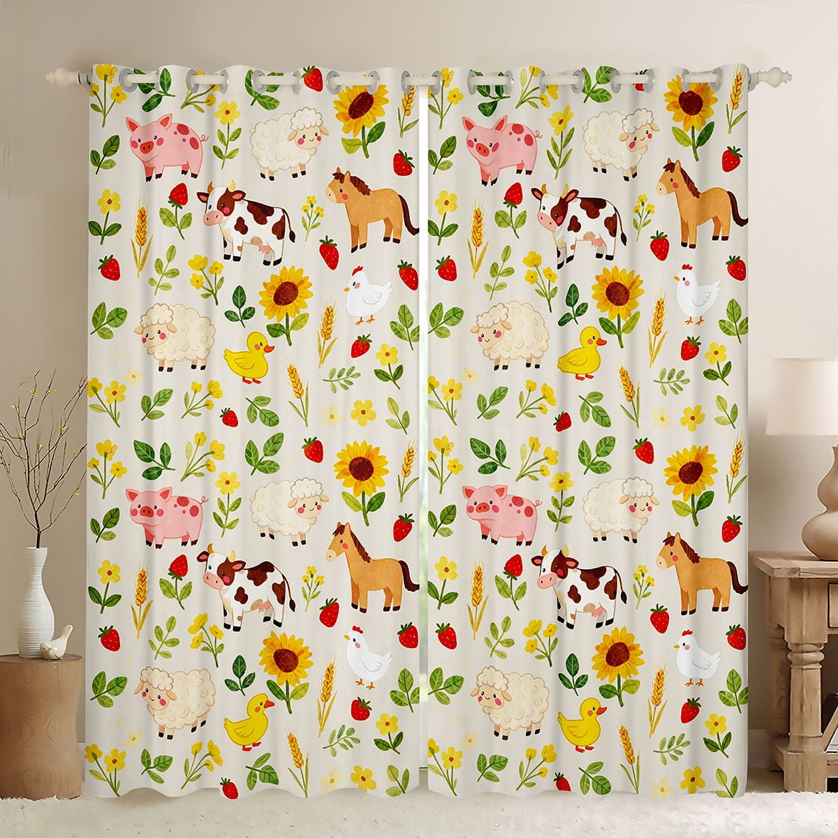 Feelyou Horse Pig Sheep Black Out Curtains, Rustic Flower Curtains Pack ...