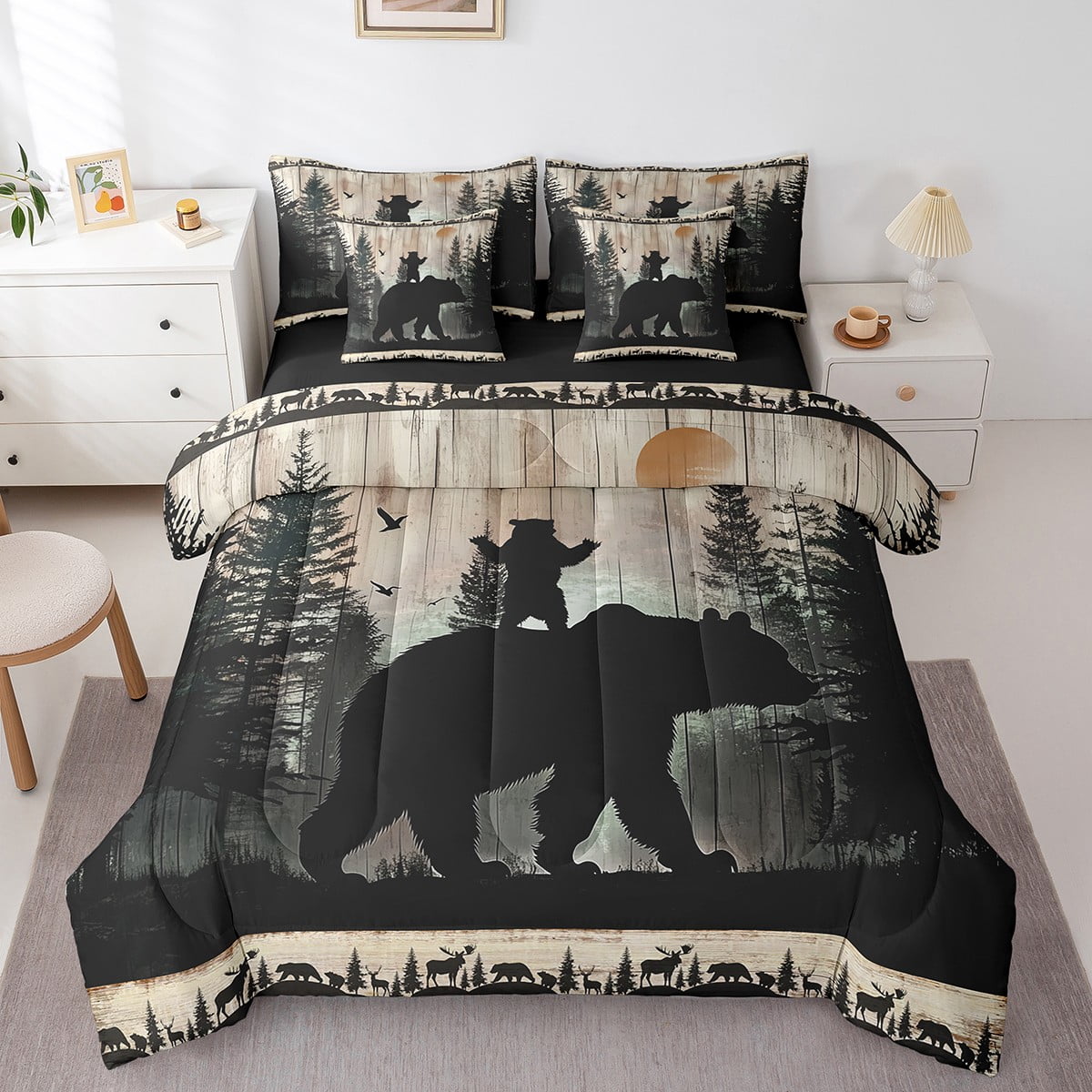 Feelyou Hunting Bear Bedding Comforter Set 7 Pieces, Jungle Pine Tree ...