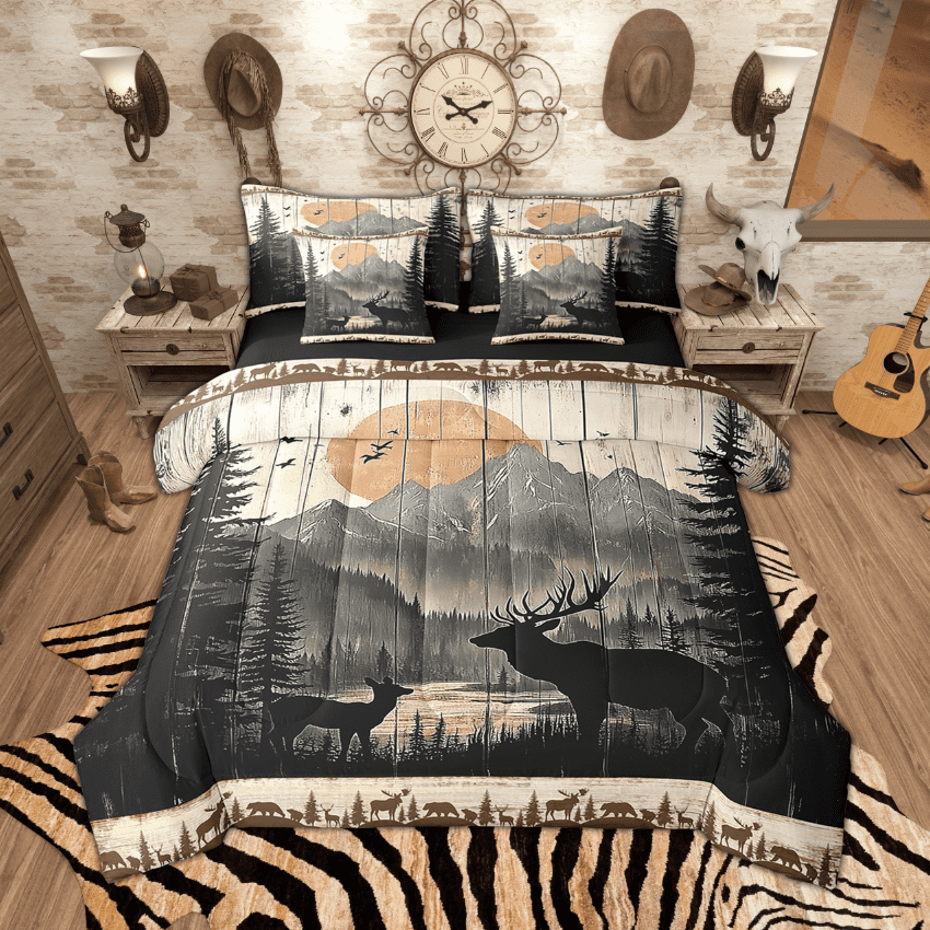 Feelyou Hunting Deer Moose Twin Bedding Sets 7pcs, Jungle Pine Tree ...