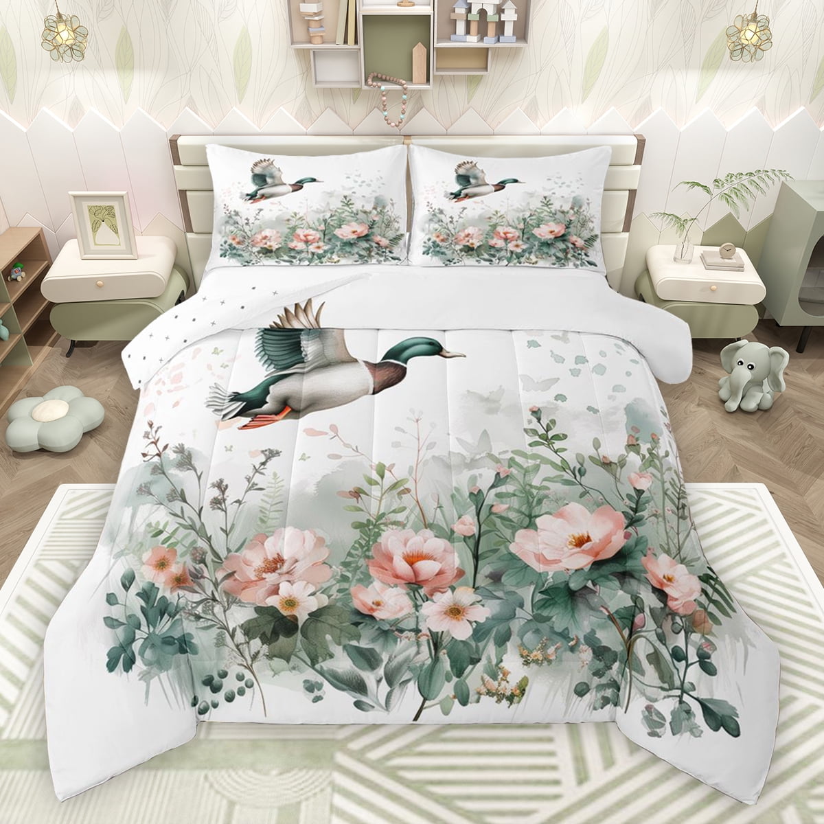 Feelyou Hunting Duck Bedding Comforter Set, Watercolor Flower Floral ...