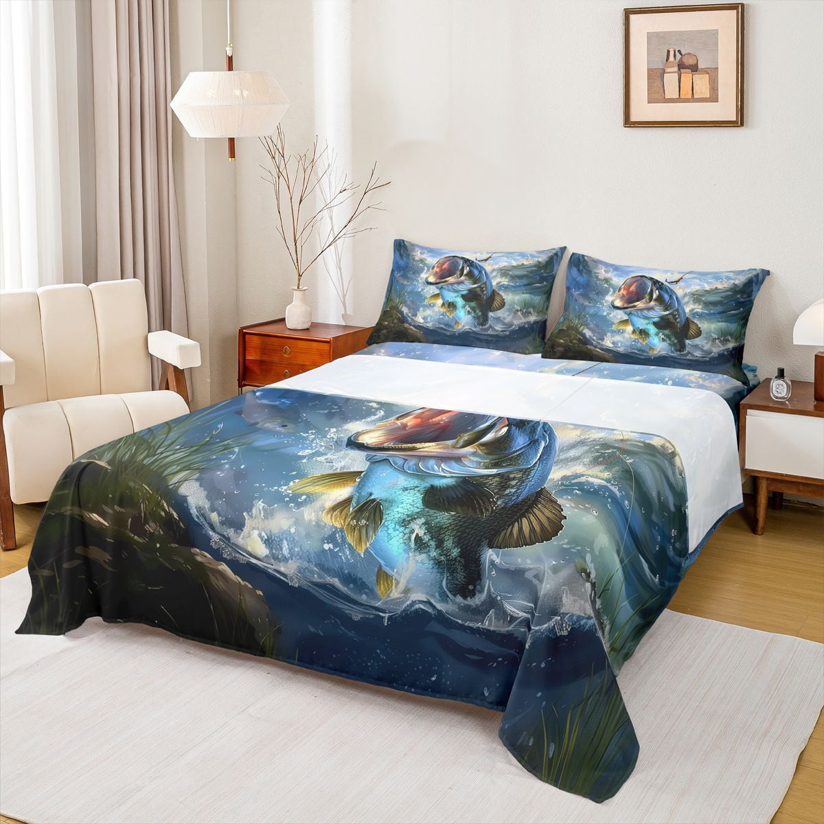 Feelyou Hunting Pike Fish Bed Sheets for Men, Western Lodge Cabin King ...