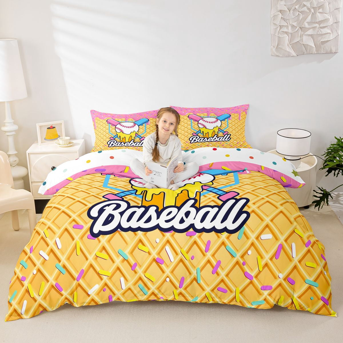 Feelyou Ice Cream Baseball Duvet Cover Queen for Kids, Waffle Cone Drip ...