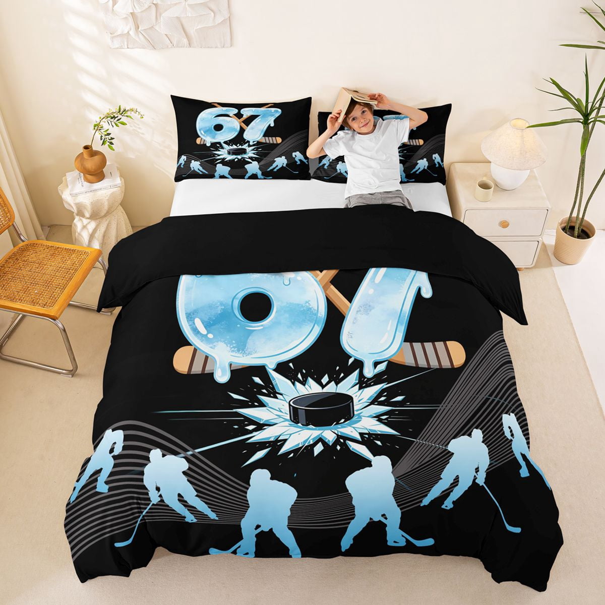 Feelyou Ice Hockey 67 Duvet Cover Queen for Boys, Cool Player Queen ...