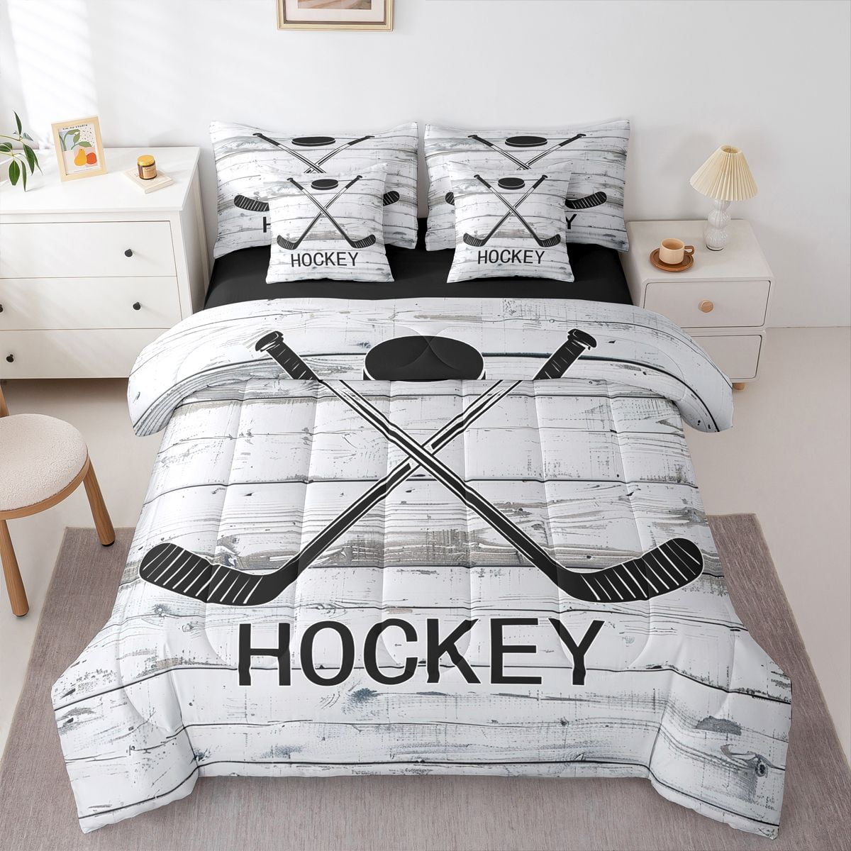 Feelyou Ice Hockey Bedding Comforter Set 7pcs, Grey Rustic Cabin Queen ...