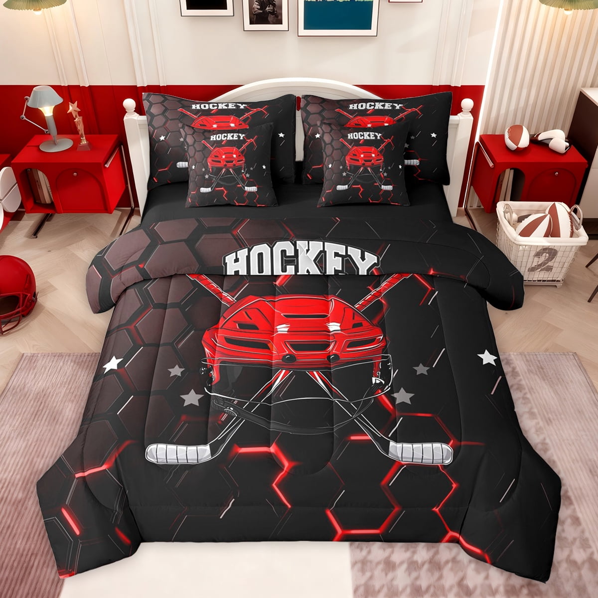 Feelyou Ice Hockey Helmet Twin Bedding Sets 7-Piece for Kids, Black Red ...