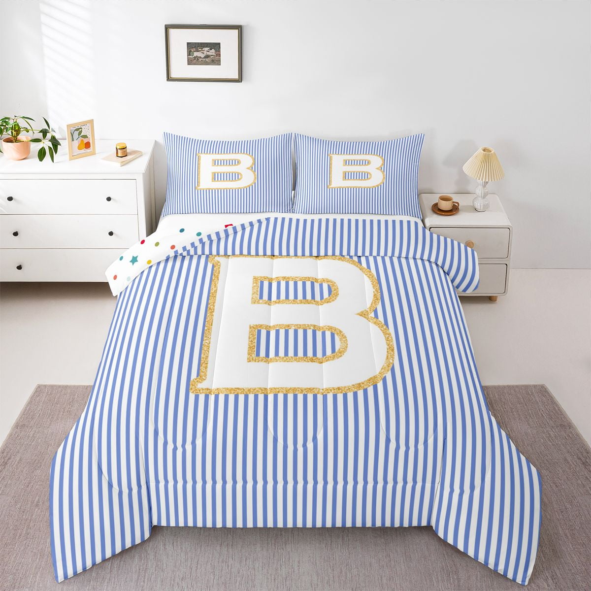 Feelyou Initial B Letter Bedding Comforter Set for Kid, Fashion Stripes ...