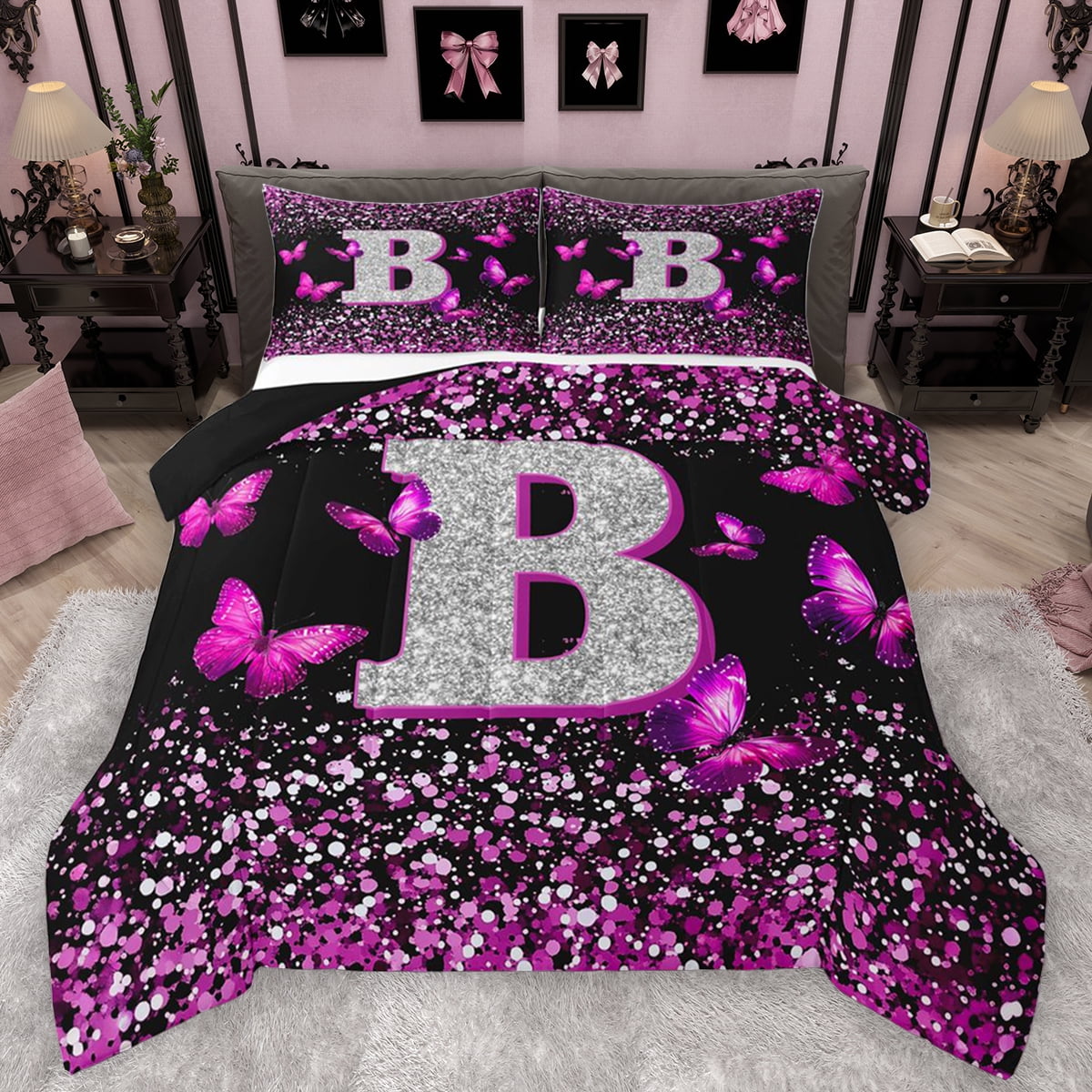 Feelyou Initial B Letter Queen Comforter Set, Sequin Print Monogrammed ...