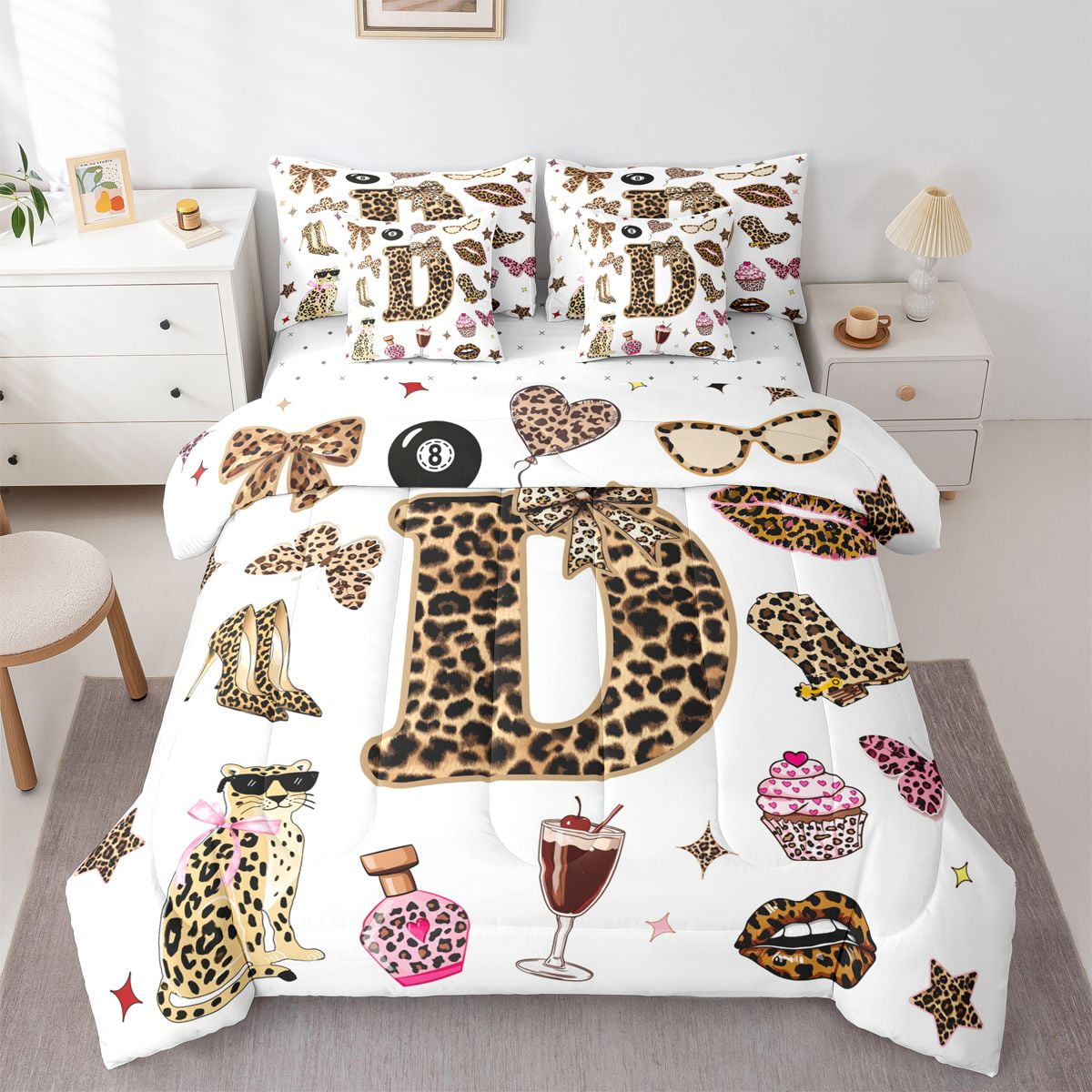 Feelyou Initial D Letter Comforter Set 7pcs, Fashion Girl White Brown ...