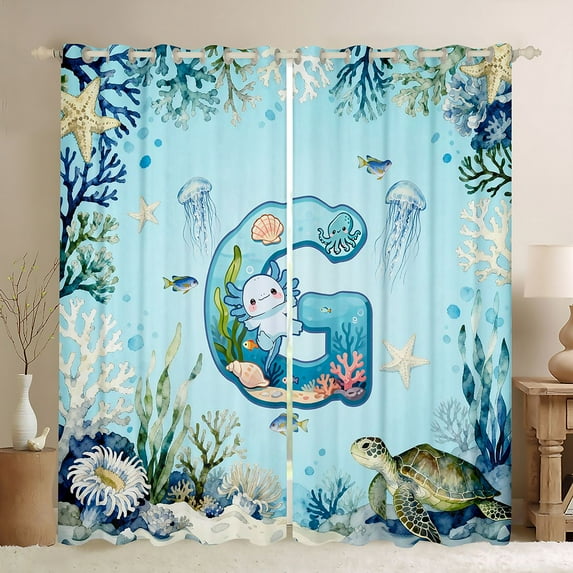Feelyou Initial G Curtains Pack of 2 (52x84 Each), Sea Turtle Axolotl ...