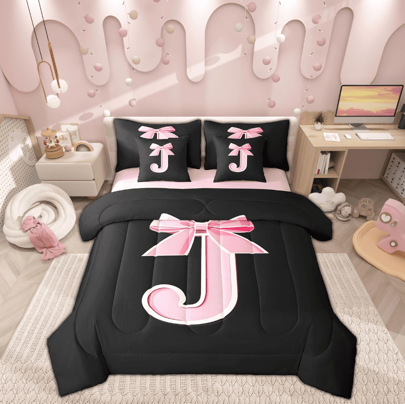 Feelyou Initial J Letter Bedding Sets King Size, Princess Bow Comforter ...
