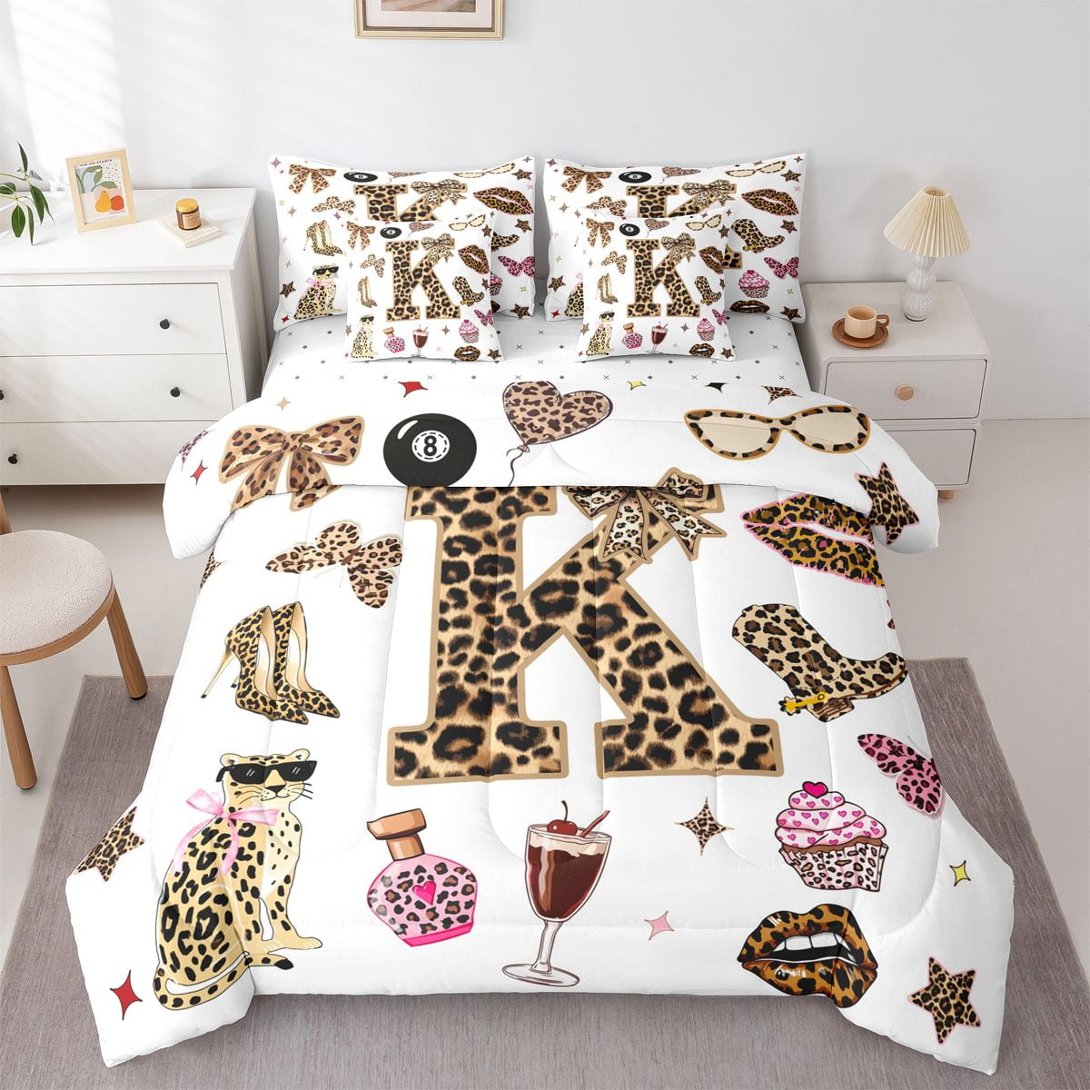 Feelyou Initial K Comforter Set 7pcs, A-Z Monogrammed Cheetah Print ...