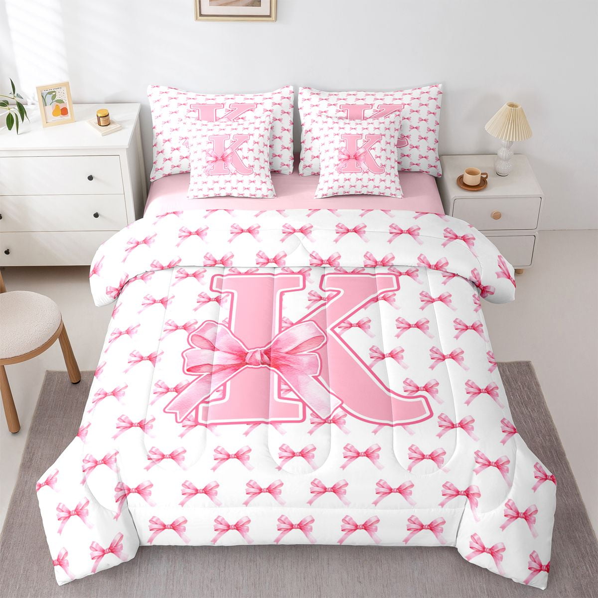Feelyou Initial K Letter Bedding Comforter Set 7-Piece, Cute Ribbon ...