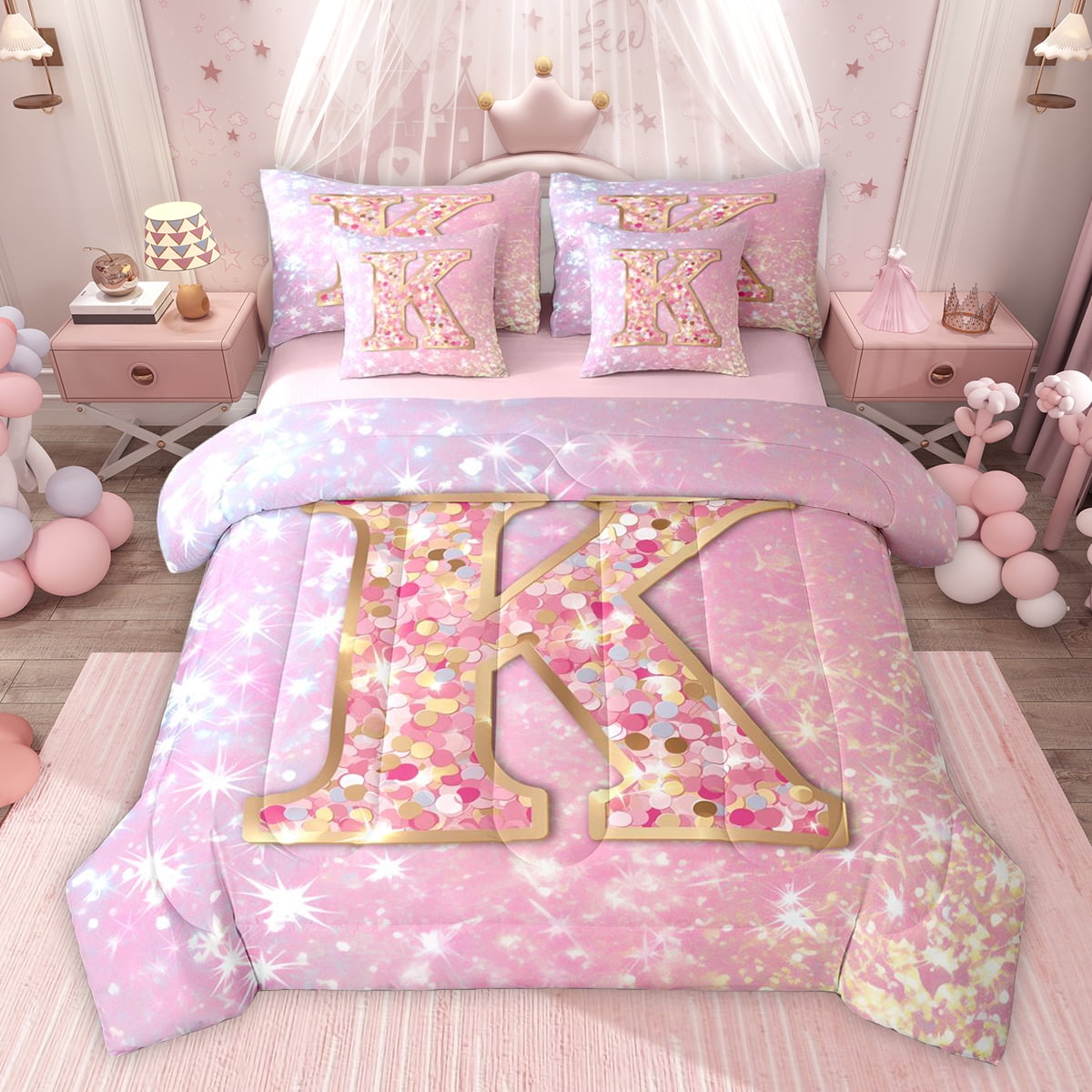Feelyou Initial K Letter Bedding Comforter Set 7pcs for Kids, Girly ...