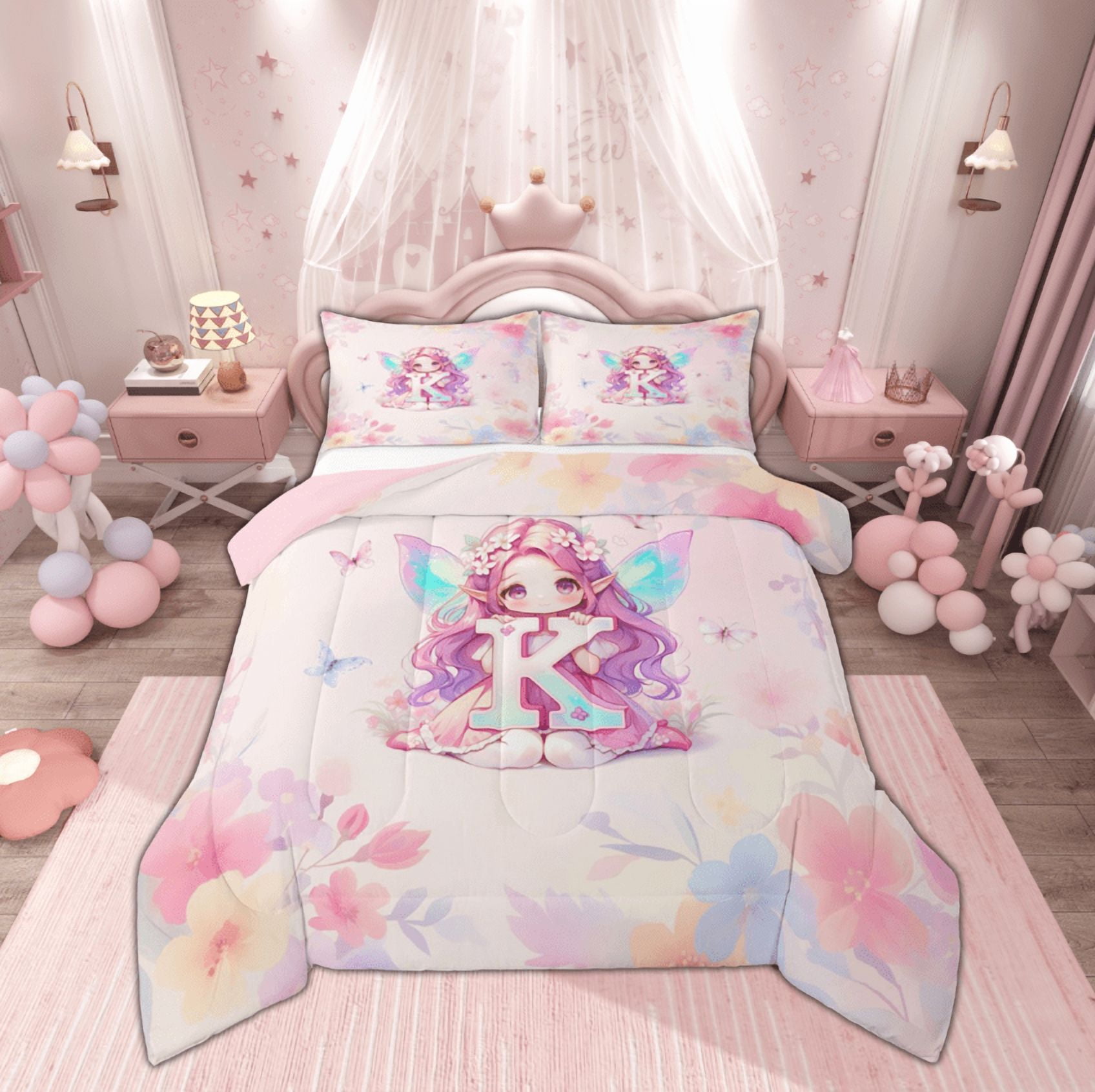 Feelyou Initial Letter K Bedding Comforter Set for Kids, Dreamy Floral ...