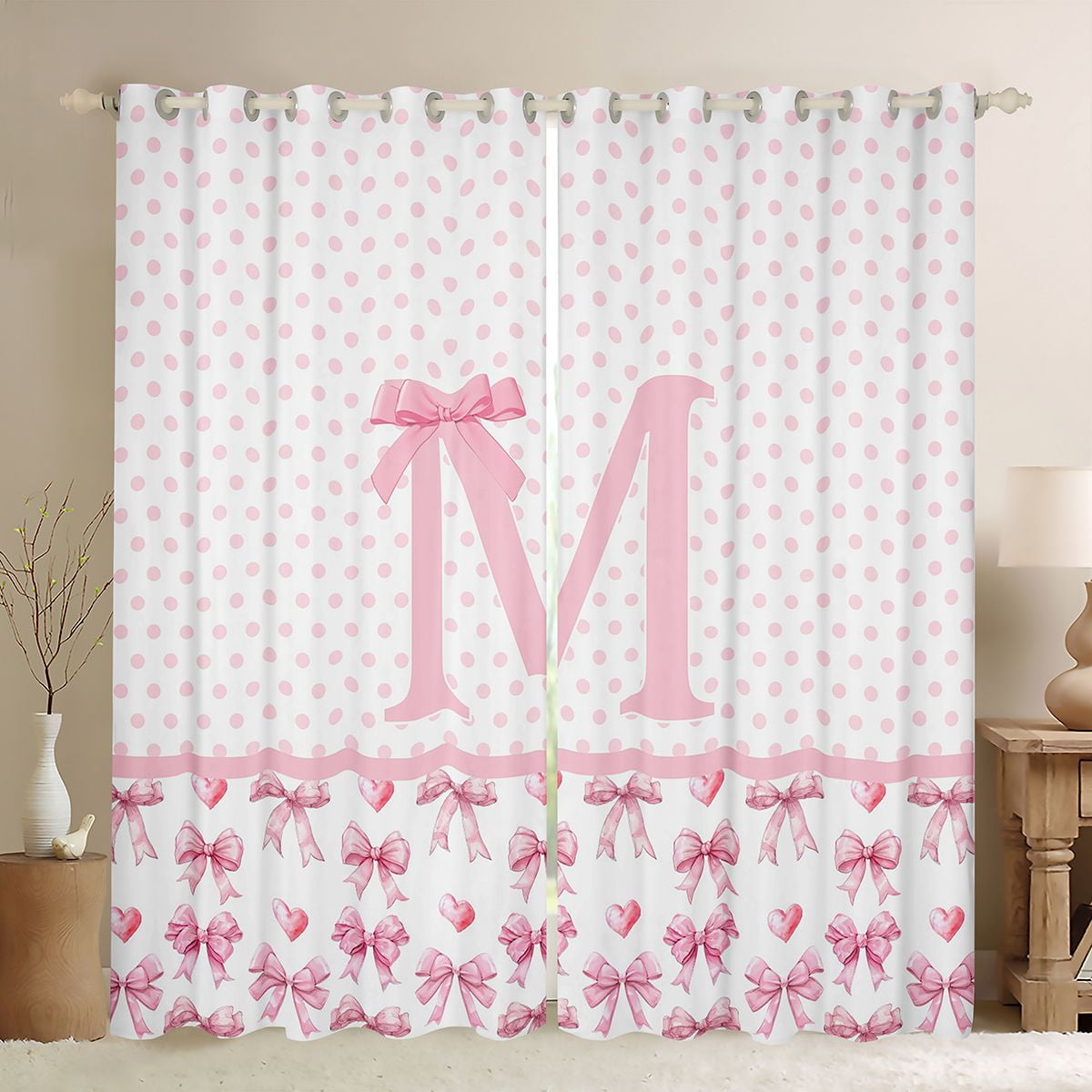 Feelyou Initial M Letter Curtains Pack of 2 (42x84 Each), Pink Bowknot ...