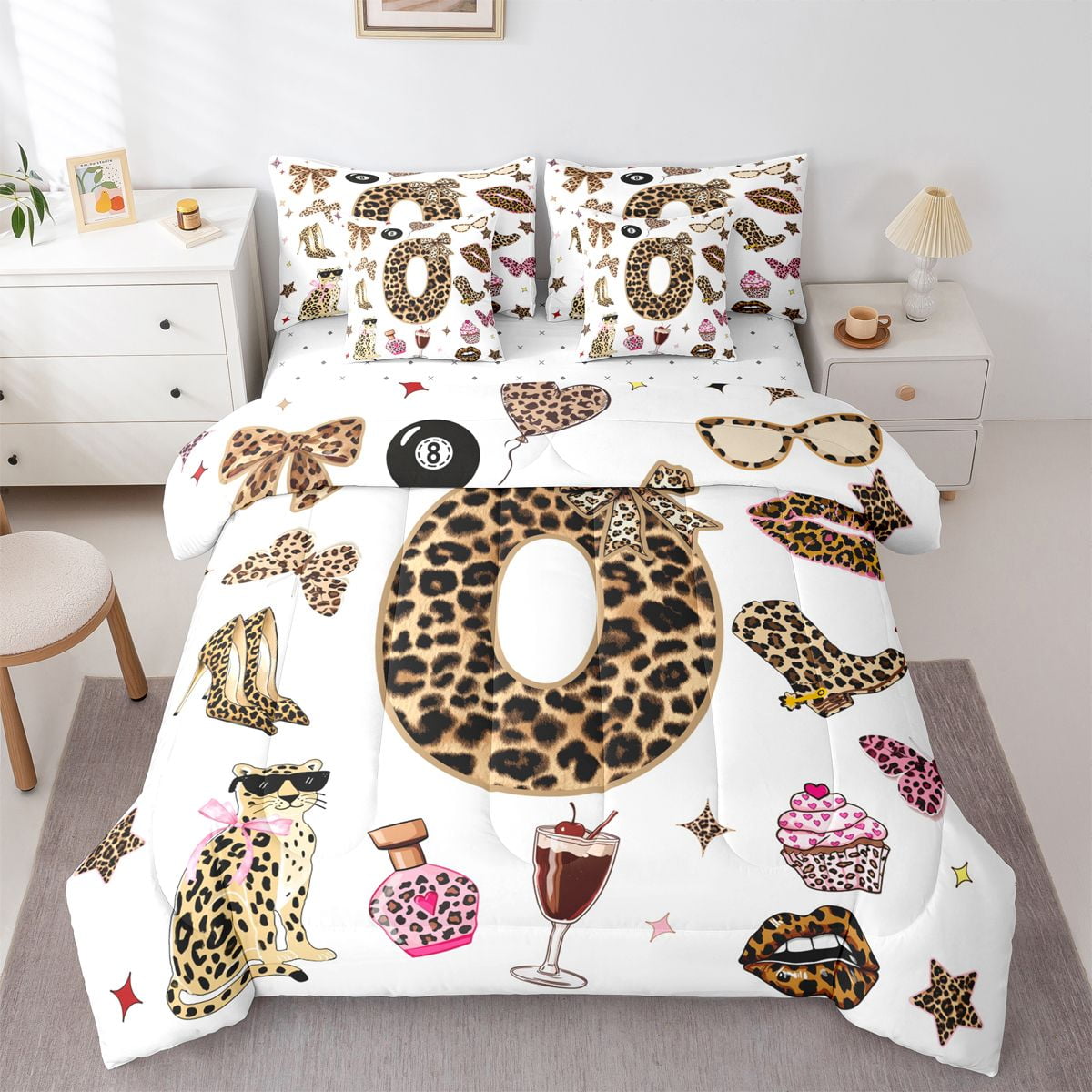 Feelyou Initial O Comforter Set 7pcs, A-Z Monogrammed Cheetah Print ...