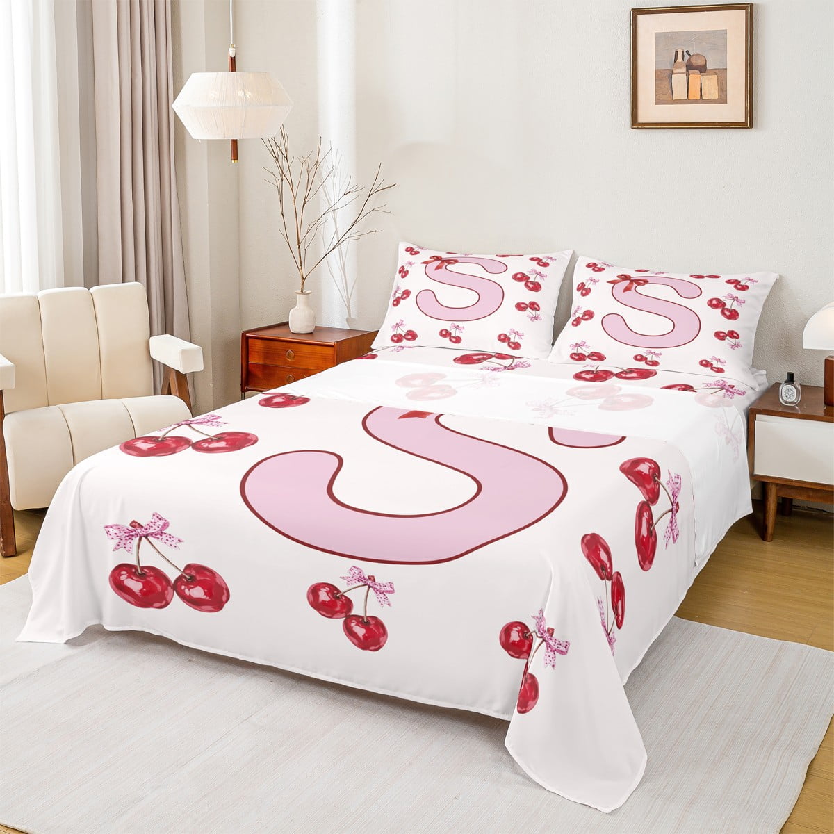 Feelyou Initial S Letter Bed Sheets for Girl, Red Fruit Cherry King ...