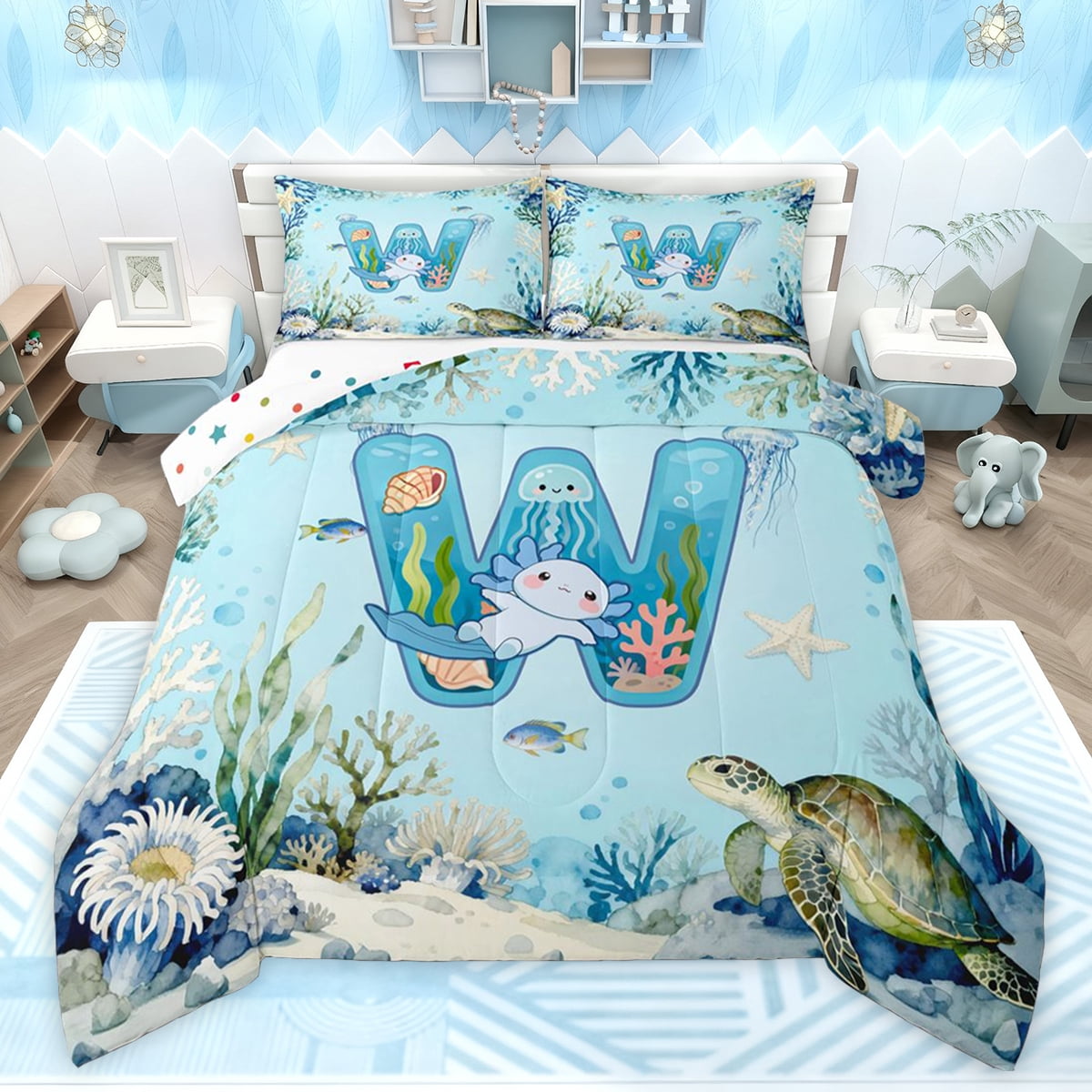 Feelyou Initial W Teens Twin Comforter Sets, Sea Turtle Axolotl Bedding ...