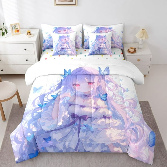Feelyou Japanese Anime Girl Comforter Set 7pcs, Buttefly Blue Purple ...