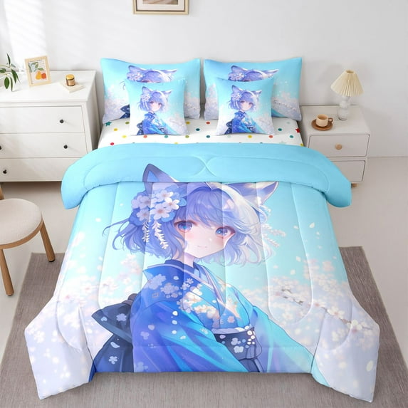 Feelyou Japanese Anime Girl Comforter Set 7pcs, Cherry Blossoms Floral ...